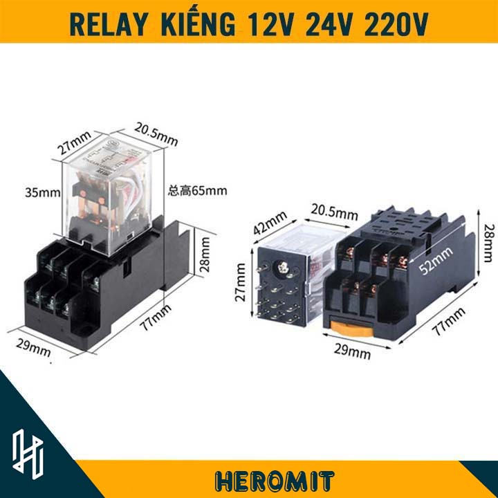 Rơ le trung gian, rơle kiếng 12V 24V 220V đế 8 chân 14 chân ( kèm đế ...