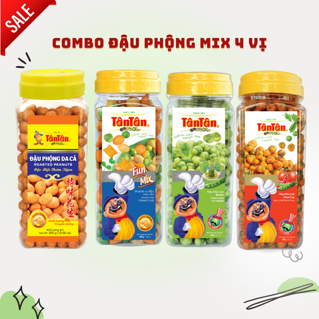 Combo 4 hũ Đậu phộng Tân Tân: ĐP Da cá 300g, Snack & Đậu thập cẩm 200g ...