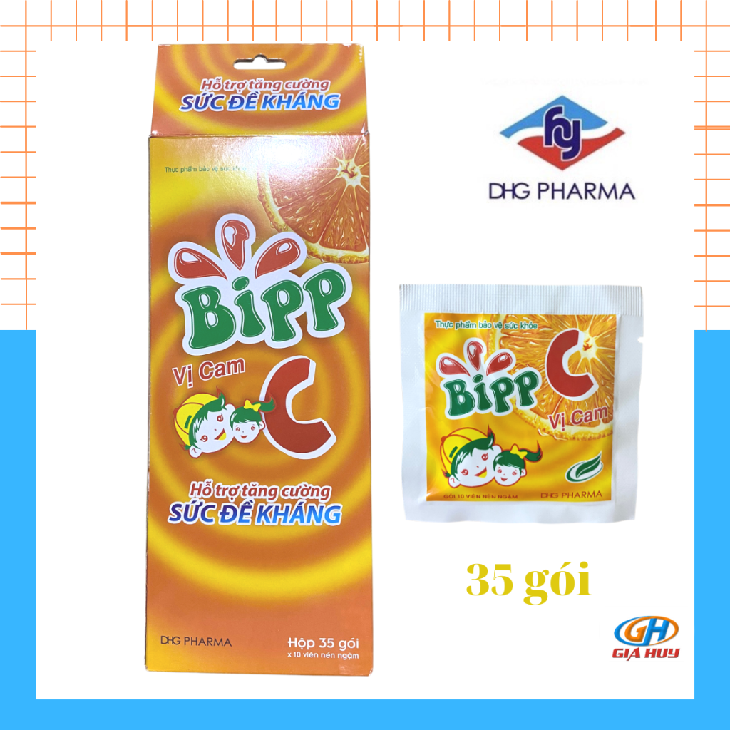 Hộp 35 gói kẹo ngậm vitamin c Bipp C vị cam giúp tăng cường sức đề ...