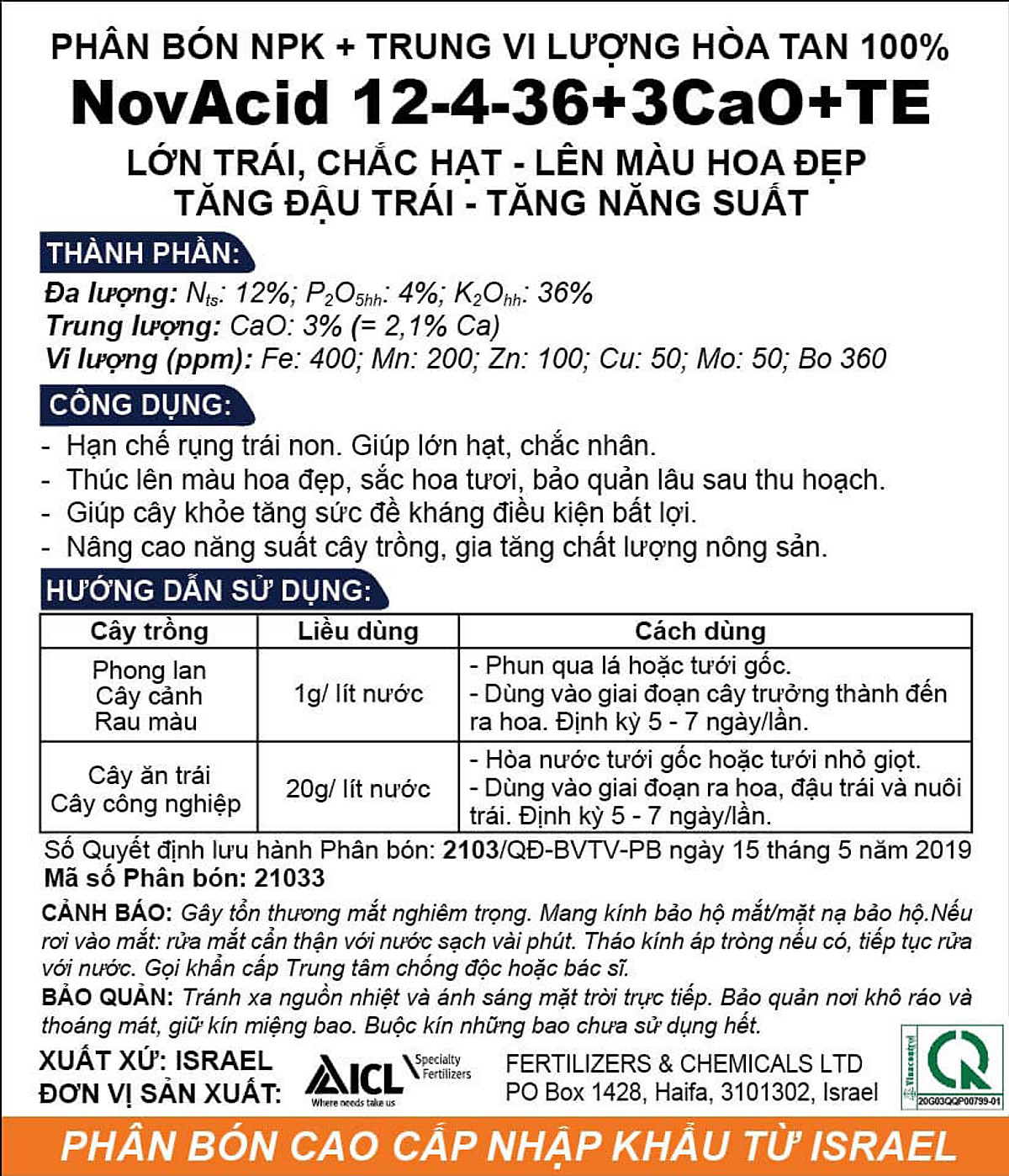 [HCM]Phân bón hòa tan Israel Novacid 12-4-36+3CaO+Te Hoà tan sử dụng ...
