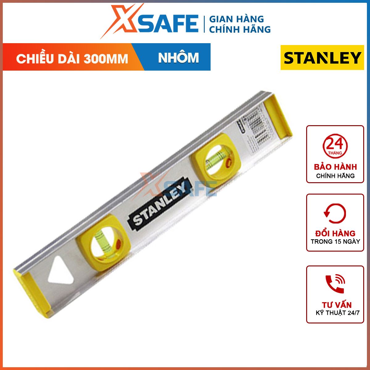 Thước thủy nivo Stanley hợp kim nhôm nhẹ, bền, gồm 2 ống thủy, kèm lỗ ...