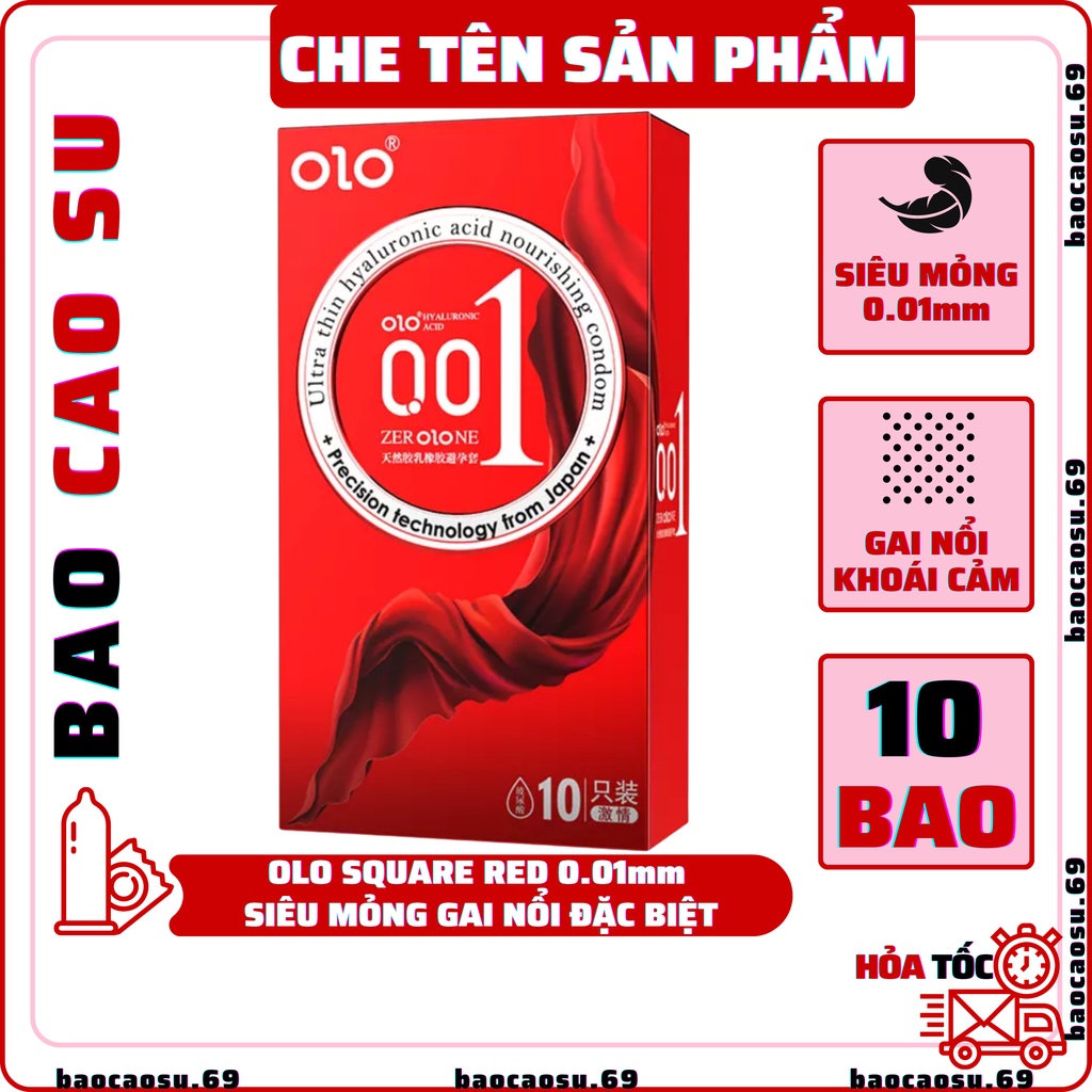 Bao cao su OLO 0.01mm Square Red siêu mỏng 0.01, gai nổi đặc biệt tăng khoái cảm hộp 10 bao ...