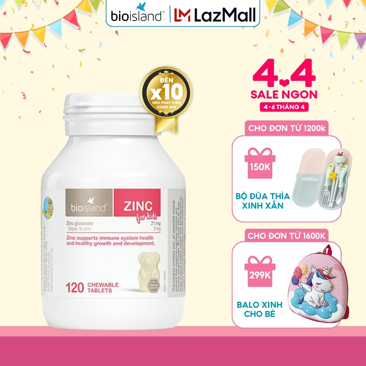 Viên nhai bổ sung kẽm Bioisland Zinc 120 viên hỗ trợ tăng cường đề ...