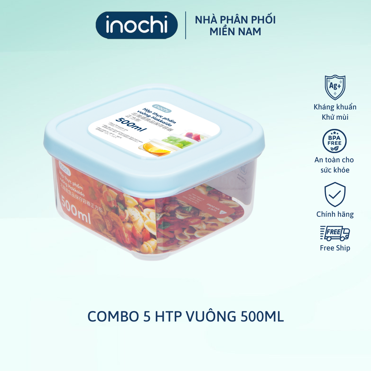 Combo 5 hộp thực phẩm VUÔNG Hokkaido inochi 500ml -chất liệu nhựa an ...