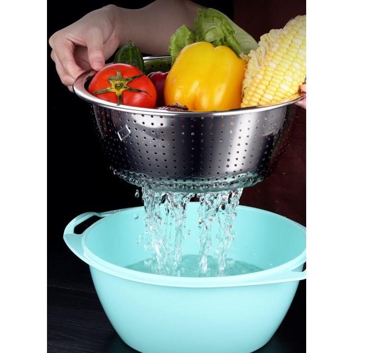 Bộ thau rổ đựng rau củ ( Rổ Inox 304 thau nhựa ) - 27x10cm ( ĐK : 23cm ...