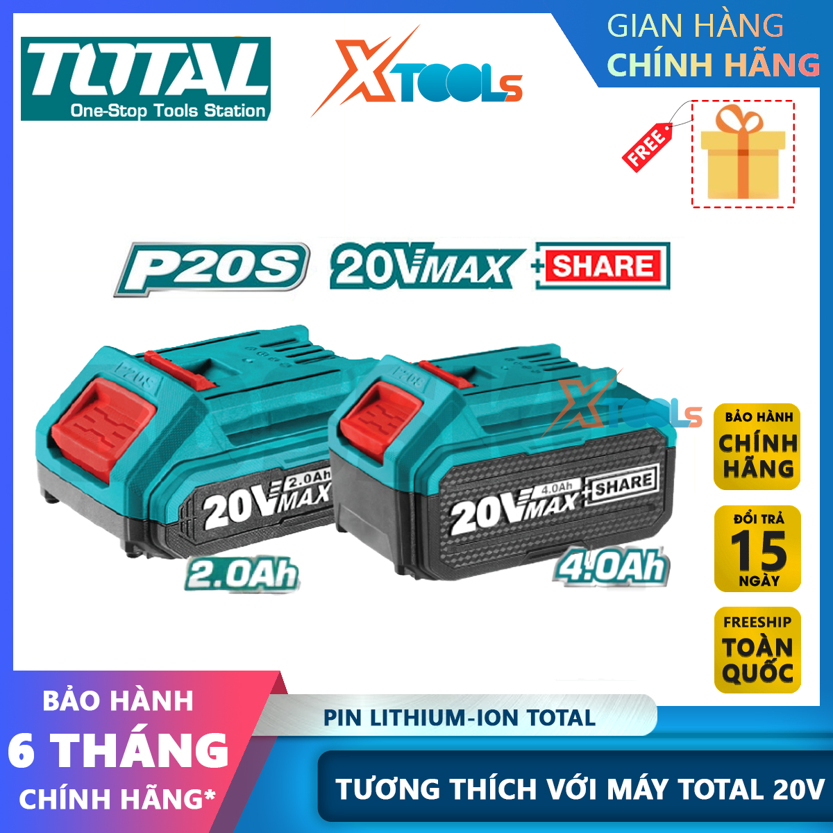 Pin Lithium-ion 20V/2.0Ah Total TFBLI2001,có đèn LED báo pin, tương ...