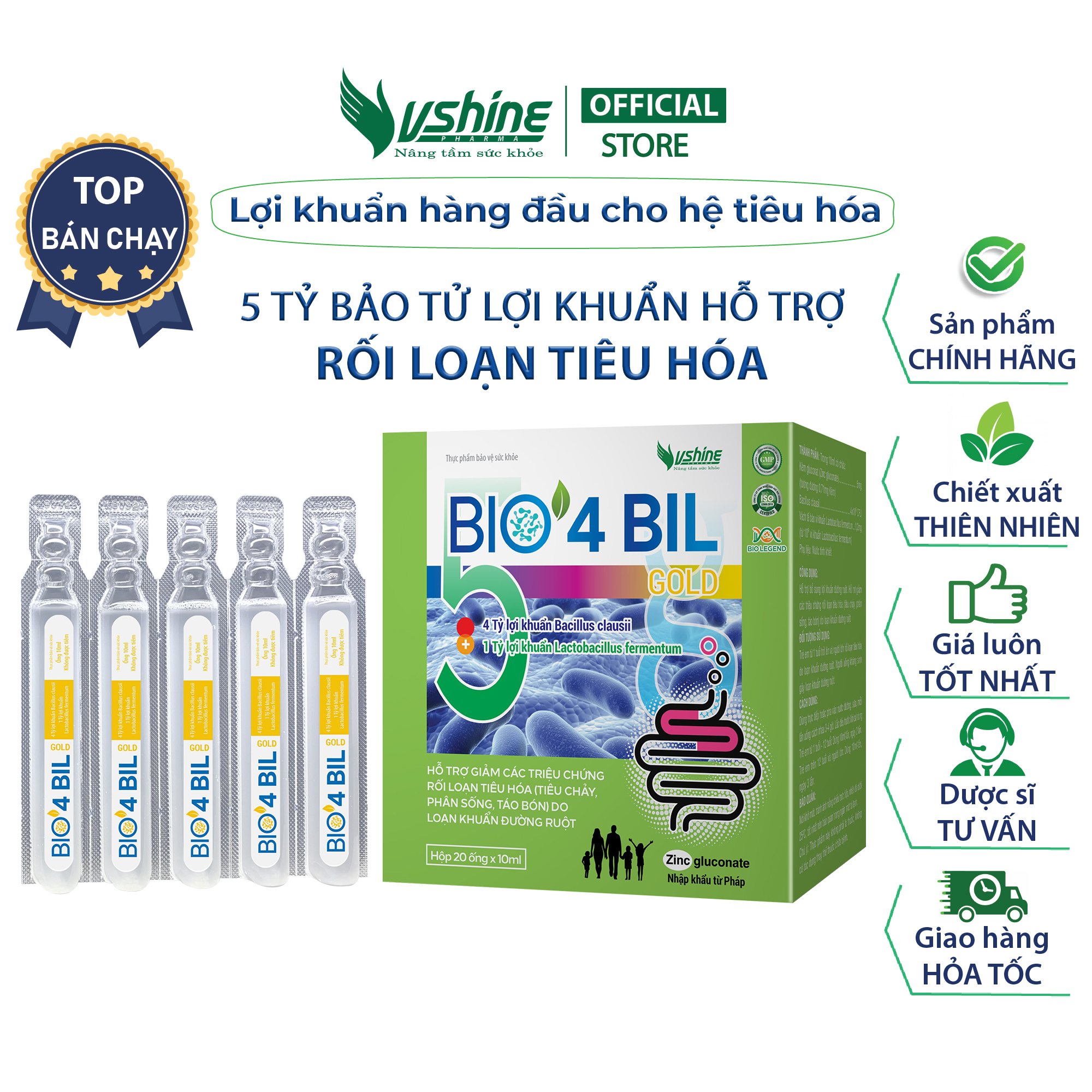 Men Vi Sinh Bio 4 Bil Gold Vshine - Hộp 20 Ống - Hỗ Trợ Bổ Sung Lợi Khuẩn hệ tiêu hóa , đường ...