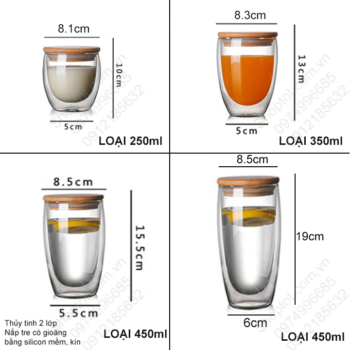 Cốc ly thủy tinh 2 lớp có nắp đạy bằng tre, giữ nhiệt tốt, loại 250ml-350ml-450ml-650ml tùy chọn ...