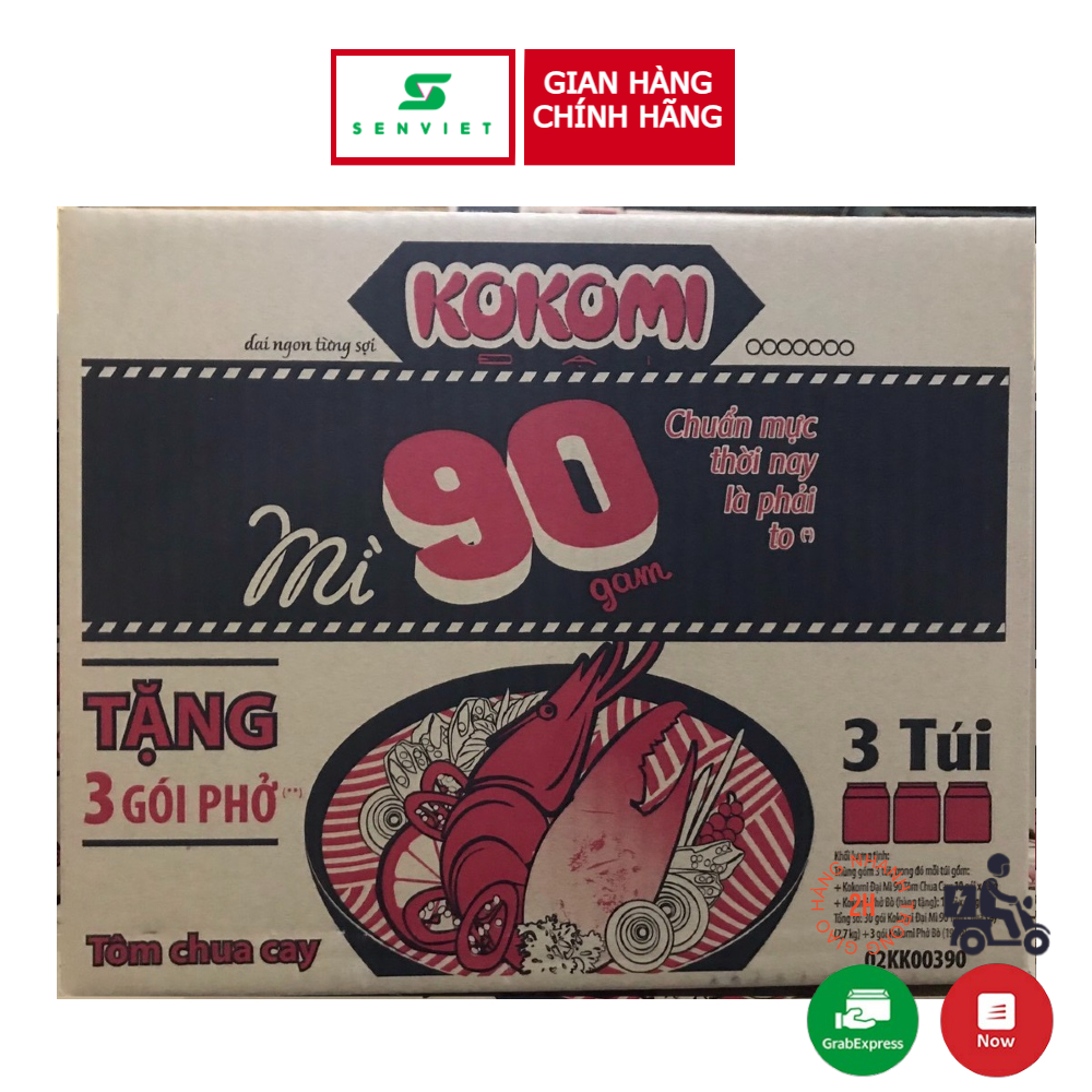 Thùng mỳ kokomi đại tôm chua cay 30 gói ×90g( tặng 3 gói phở bên trong ...