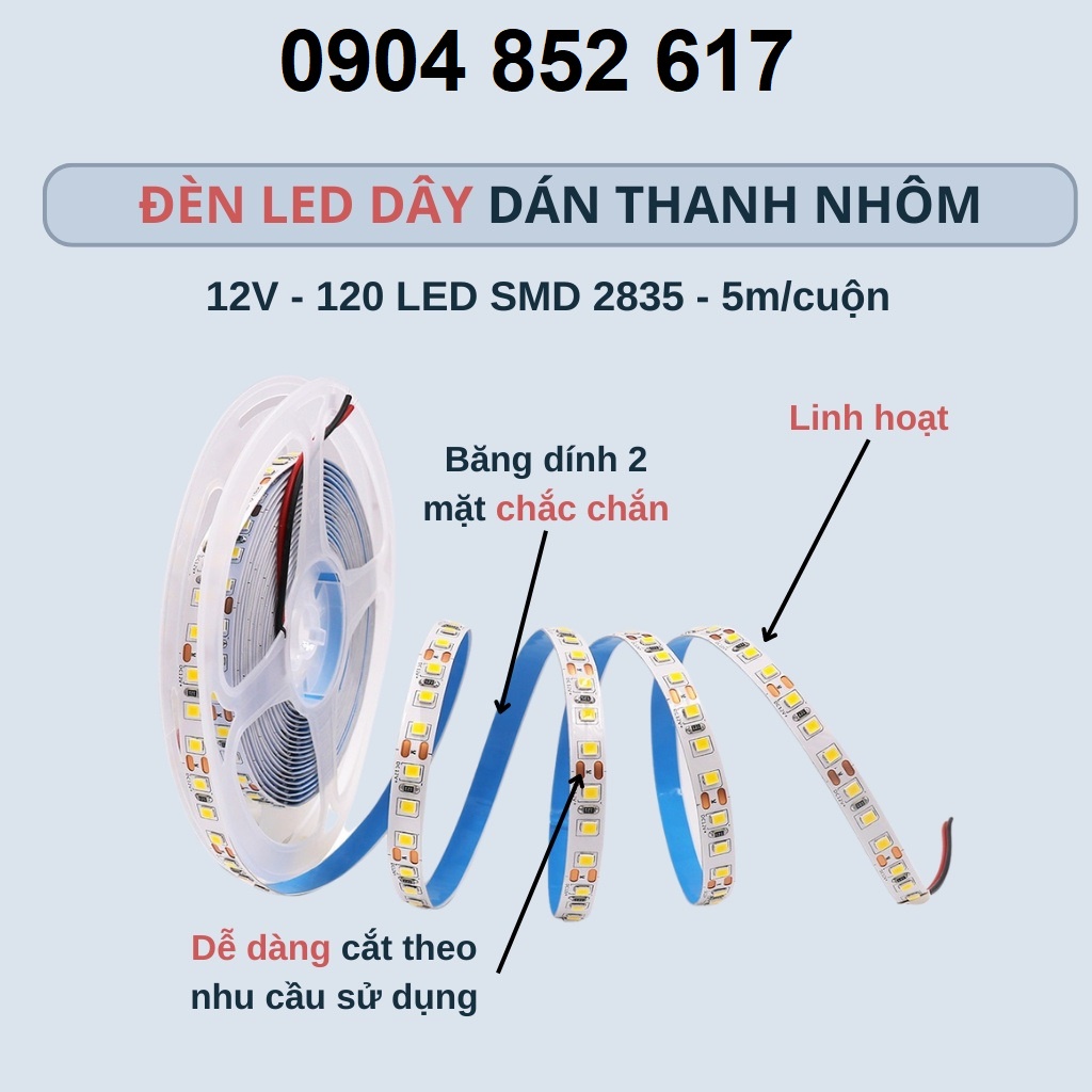 led dây 12v 2835 120 led smd giá rẻ loại tốt chuyên dán thanh nhôm lắp tủ bếp kệ trưng bày (cuộn ...