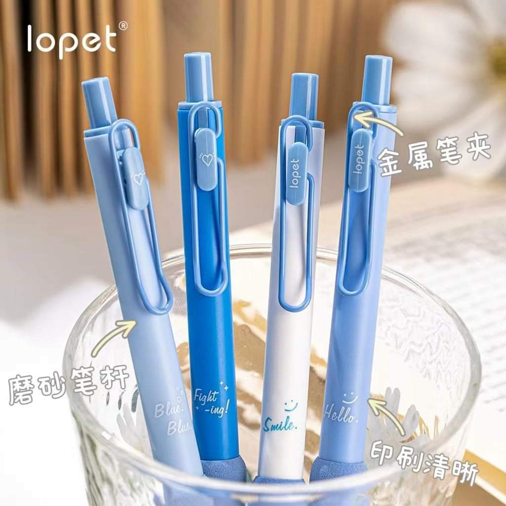 Set 4 bút bi, bút gel Lopet màu Xanh Cloud, đầu bấm mực đen ngòi 0,5mm ...