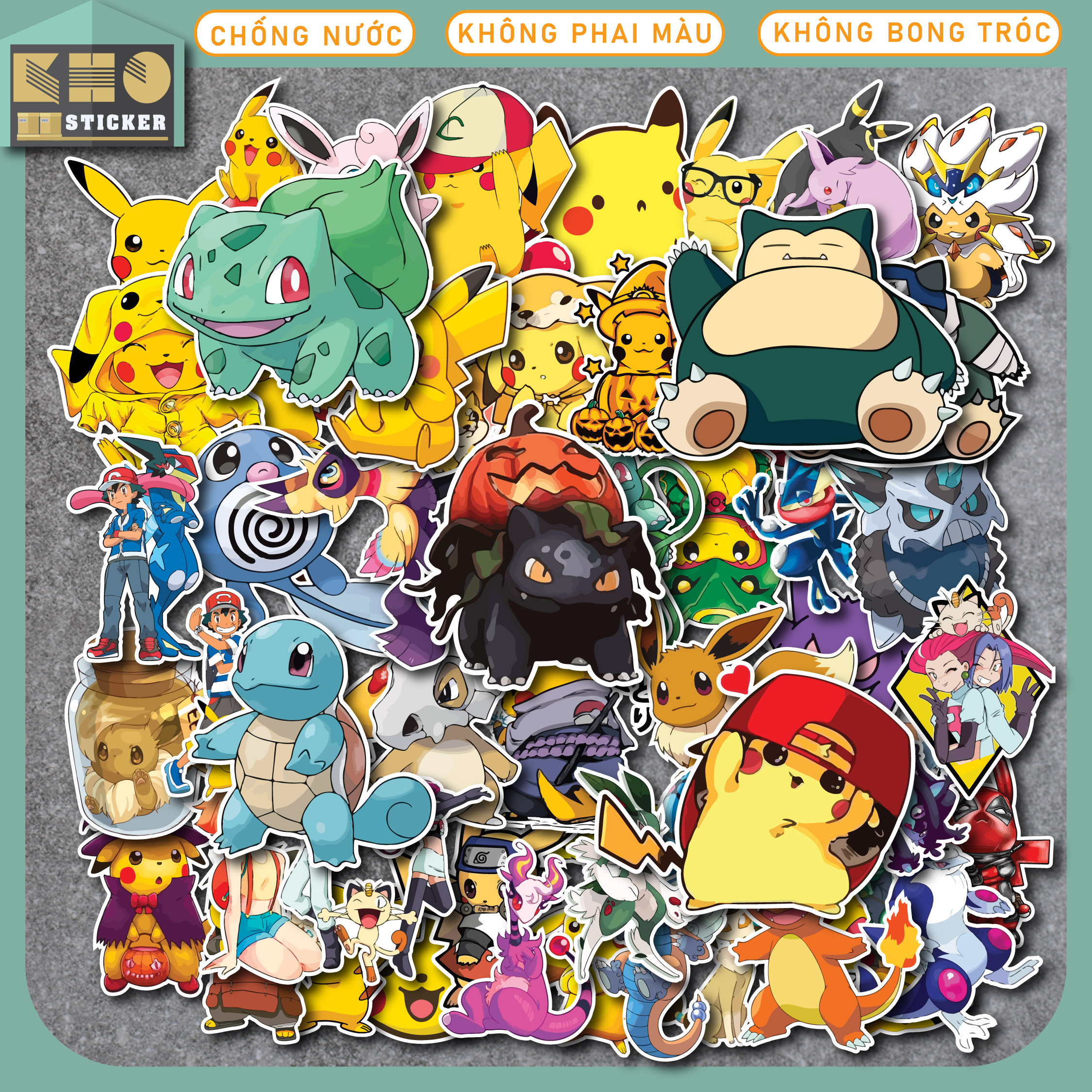 Combo 50 Sticker Pokemon chống nước sticker dán laptop, điện thoại, đàn ...