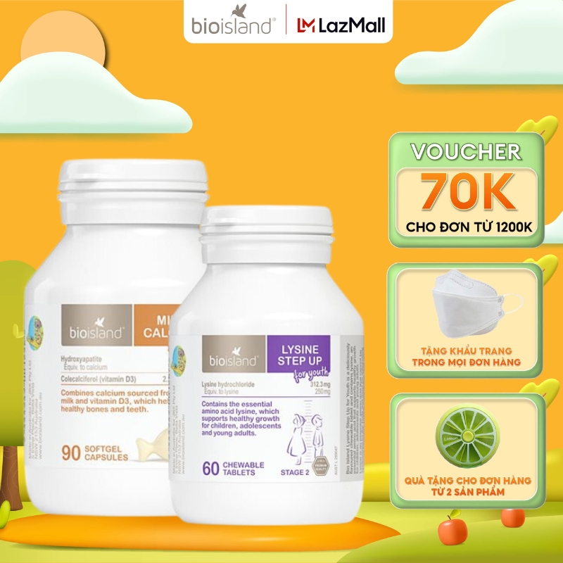 Combo viên uống Milk Calcium và Lysine Step Up Bioisland giúp tăng cường sức khỏe hệ xương và ...