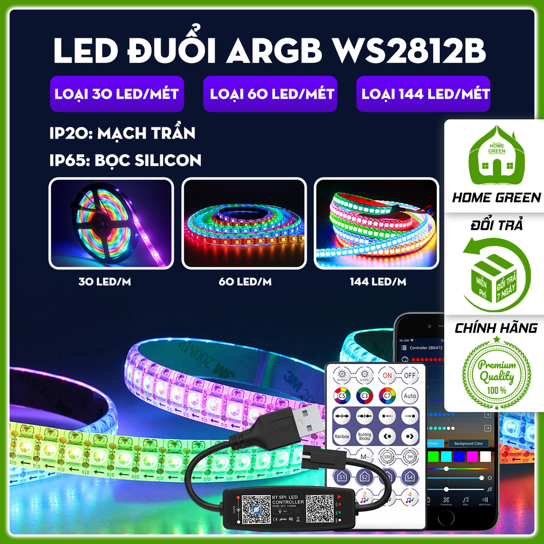 Đèn led đuổi ARGB WS2812B cảm biến sóng nhạc điều khiển qua App ...
