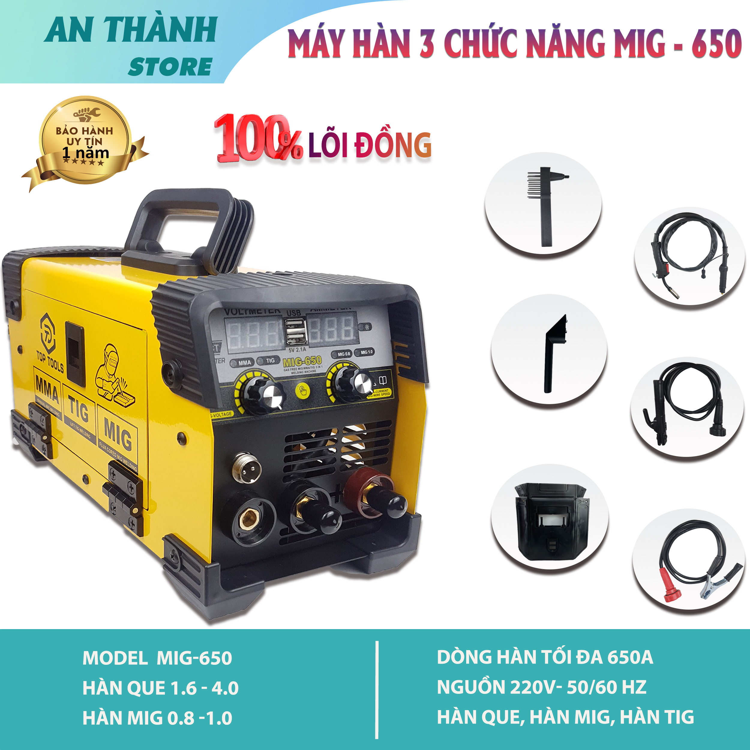 Máy hàn điện tử mig -650, Máy hàn 3 chức năng: Hàn Que, Hàn TIG, Hàn ...