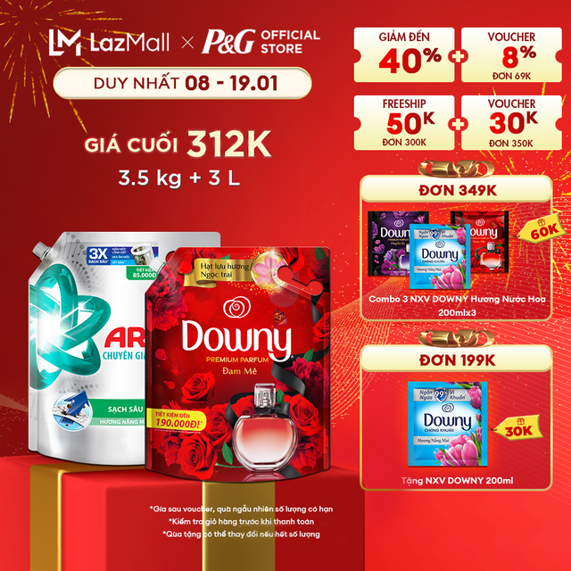 Combo Giặt Xả ARIEL Sạch Sâu Hương Nắng Mai Túi 3.5Kg Nước Xả Vải DOWNY Huyền Bí Túi 3L - MixASale