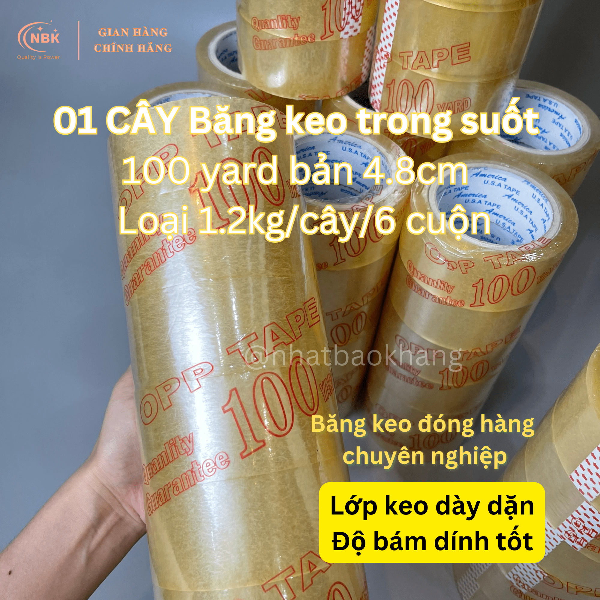 Băng keo trong suốt 100 yard - 1.2Kg/Cây/6 Cuộn - Băng keo đóng hàng bản 4.8cm, băng keo trong ...