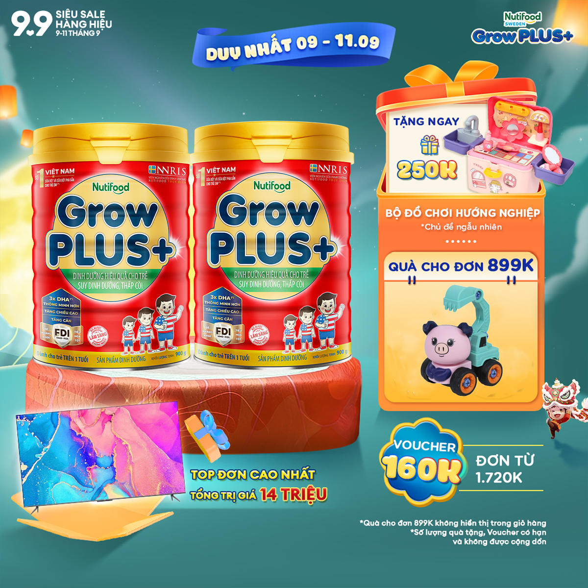 Tặng 1 quà 5 lon Nutifood Growplus Xanh 900g tặng 1 combo vui hè - MixASale