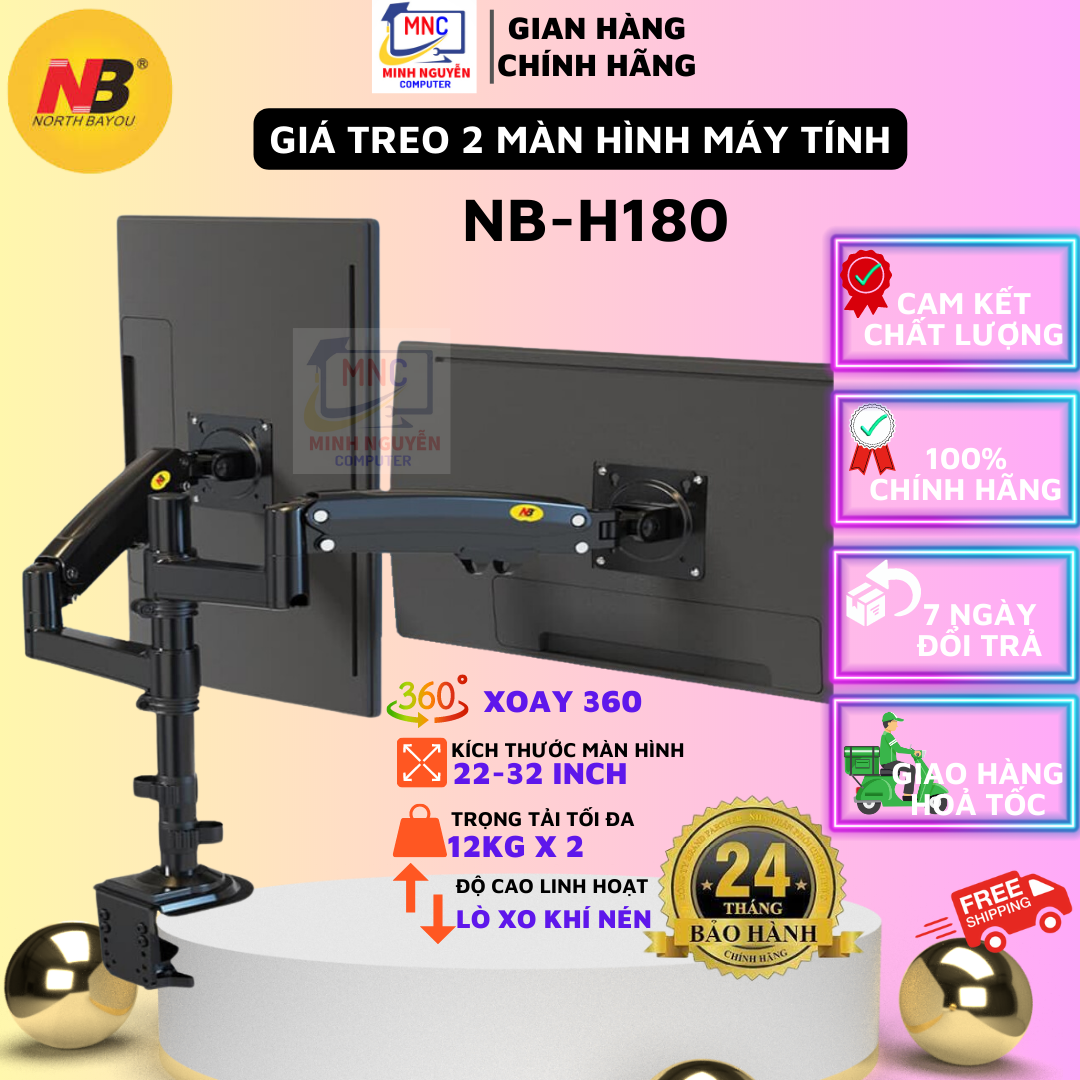Giá đỡ 2 màn hình máy tính gắn cạnh bàn North Bayou H180 (22-32 inch) tết kiệm tối đa không gian ...