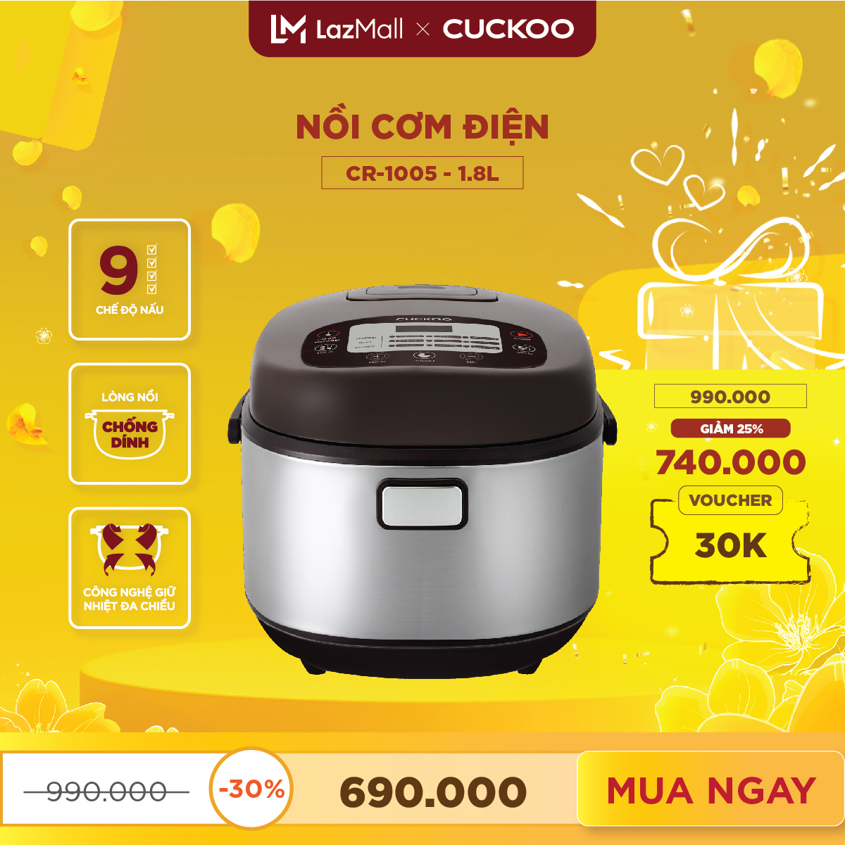 Nồi cơm điện Cuckoo 1.8L CR-1005 lòng nồi chống dính, 1 nút ấn dễ dàng ...
