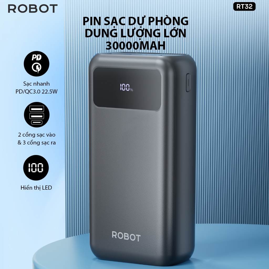 Pin dự phòng Robot RT32 dung lượng cao 30000mAh sạc nhanh 22.5W cục sạc ...