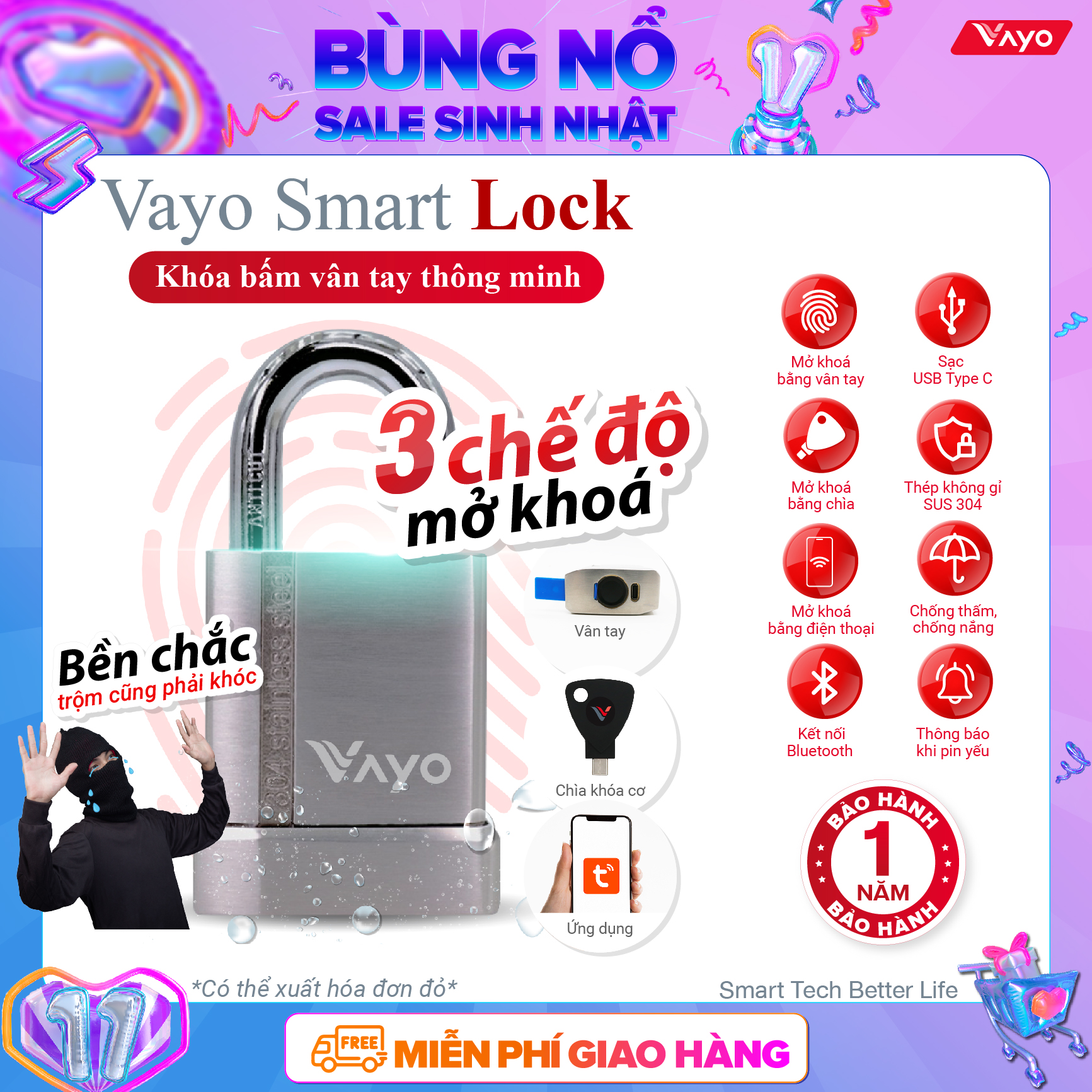 Ổ khóa bấm vân tay chống trộm thông minh Vayo Smart Lock thép SUS 304 ...