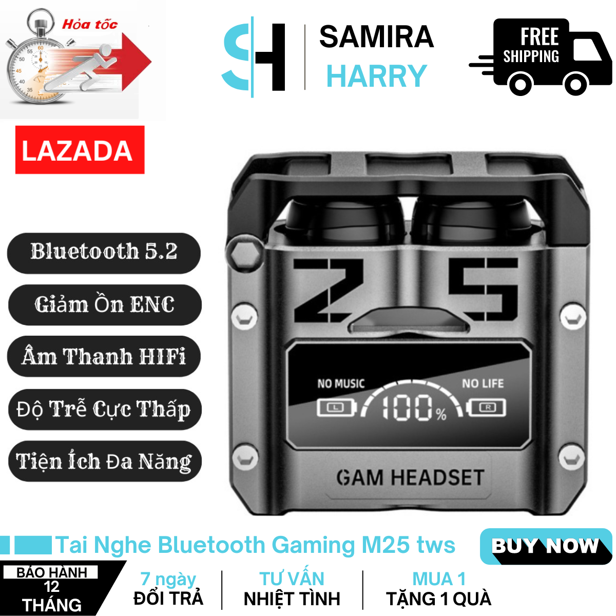 Tai Nghe Gaming M25 TWS Bluetooth v5.3 Màn Hình Led Âm Thanh HIFi Giảm Ồn ENC Độ Trễ Cực Thấp ...