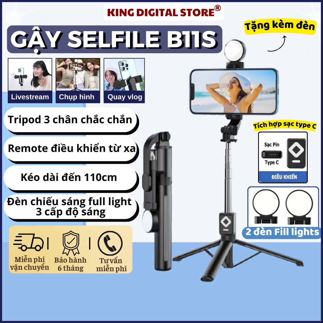 Gậy Chụp Ảnh Tự Sướng 3 Chân B11S Cao Cấp, Gậy Selfie Chụp Hình Có Đèn Led Trợ Sáng, Tự Sướng ...