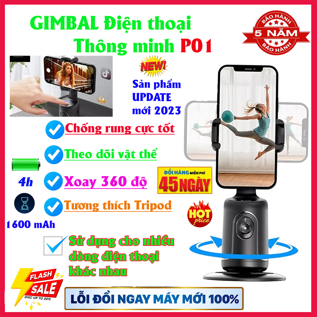 Gimbal điện thoại xoay 360 độ P01, Gậy Livestream, chụp ảnh chuyên nghiệp, quay tik tok, vlog ...