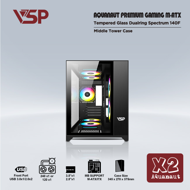 Vỏ máy tính Case VSP X2 Aquanaut TRẮNG không Fan Kính cường lực 2 mặt (M-ATXI-ATX) - MixASale