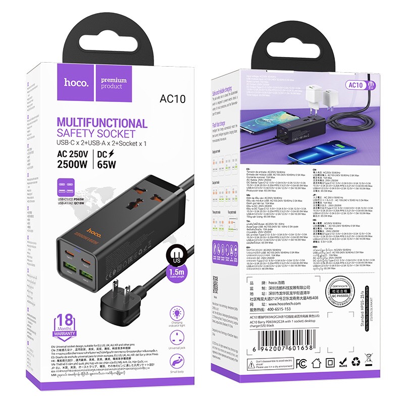 Ổ cắm điện đa năng Hoco AC10 sạc nhanh PD 65W cổng typeC + QC18W có 2*USB + 2*Type-C có 1 lỗ cắm ...