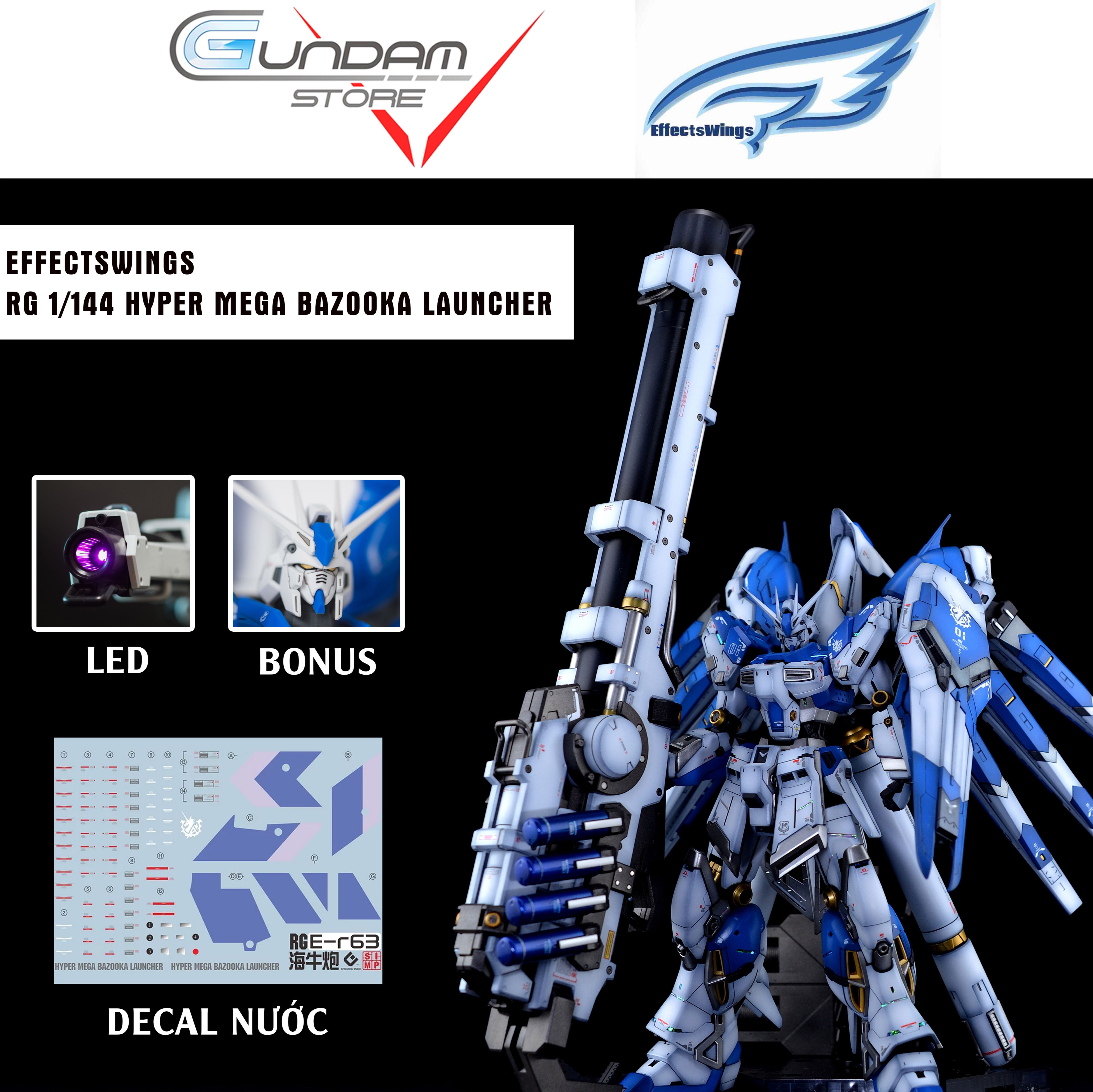 Phụ Kiện Gundam RG Hi Nu Hyper Mega Bazooka Launcher LED [Tặng Decal ...