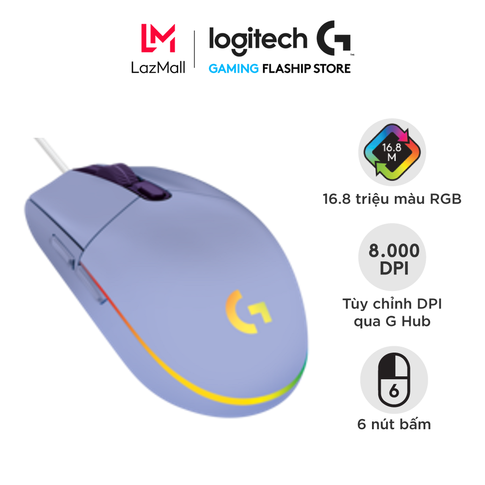 Chuột game có dây Logitech G203 Lightsync - Tùy chỉnh RGB, 6 nút lập trình, nhẹ, 8.000 DPI, cảm ...