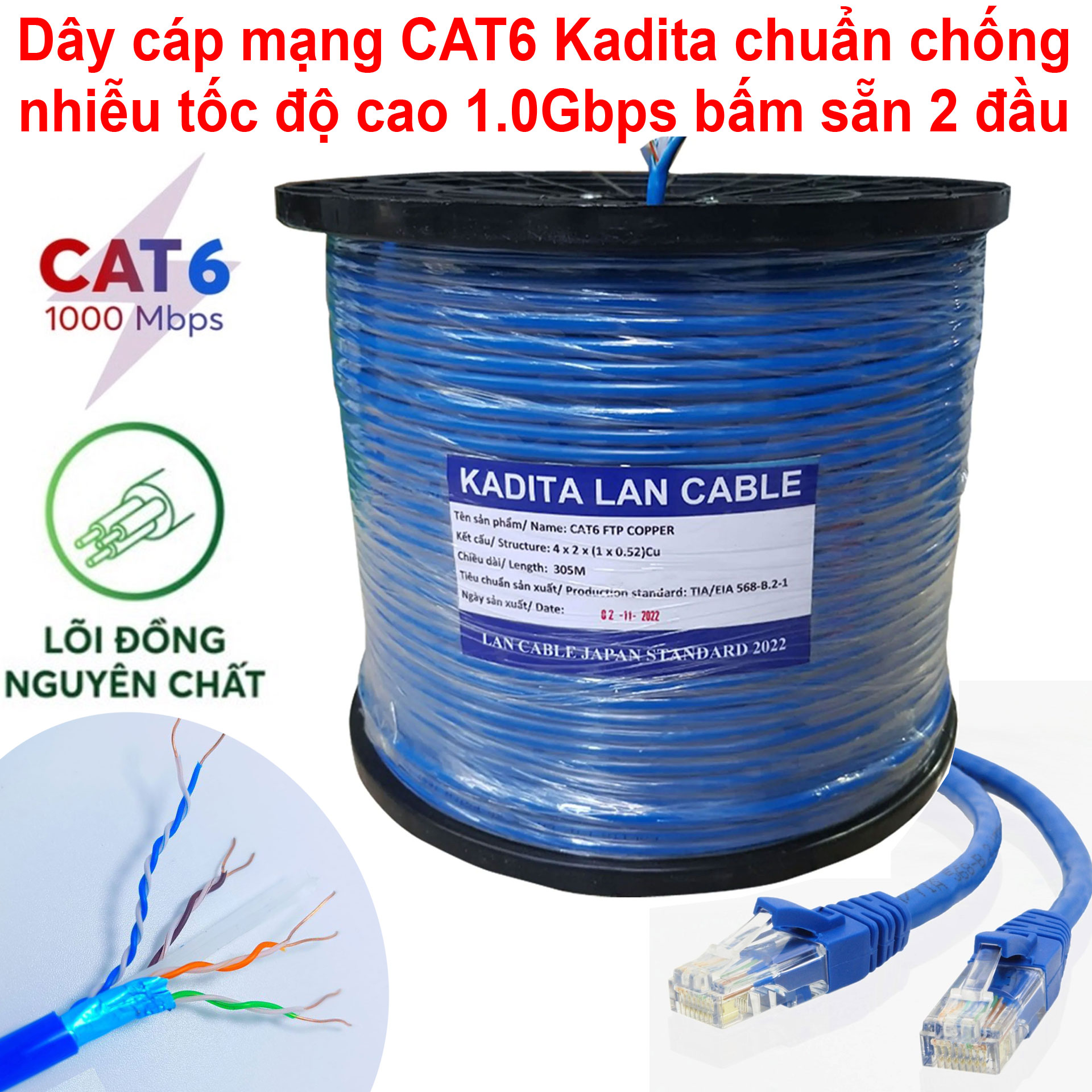 [HCM] DÂY CÁP MẠNG CHỐNG NHIỄU CAT6 KADITA tốc độ cao 1.0Gbps BẤM SẴN 2 ...