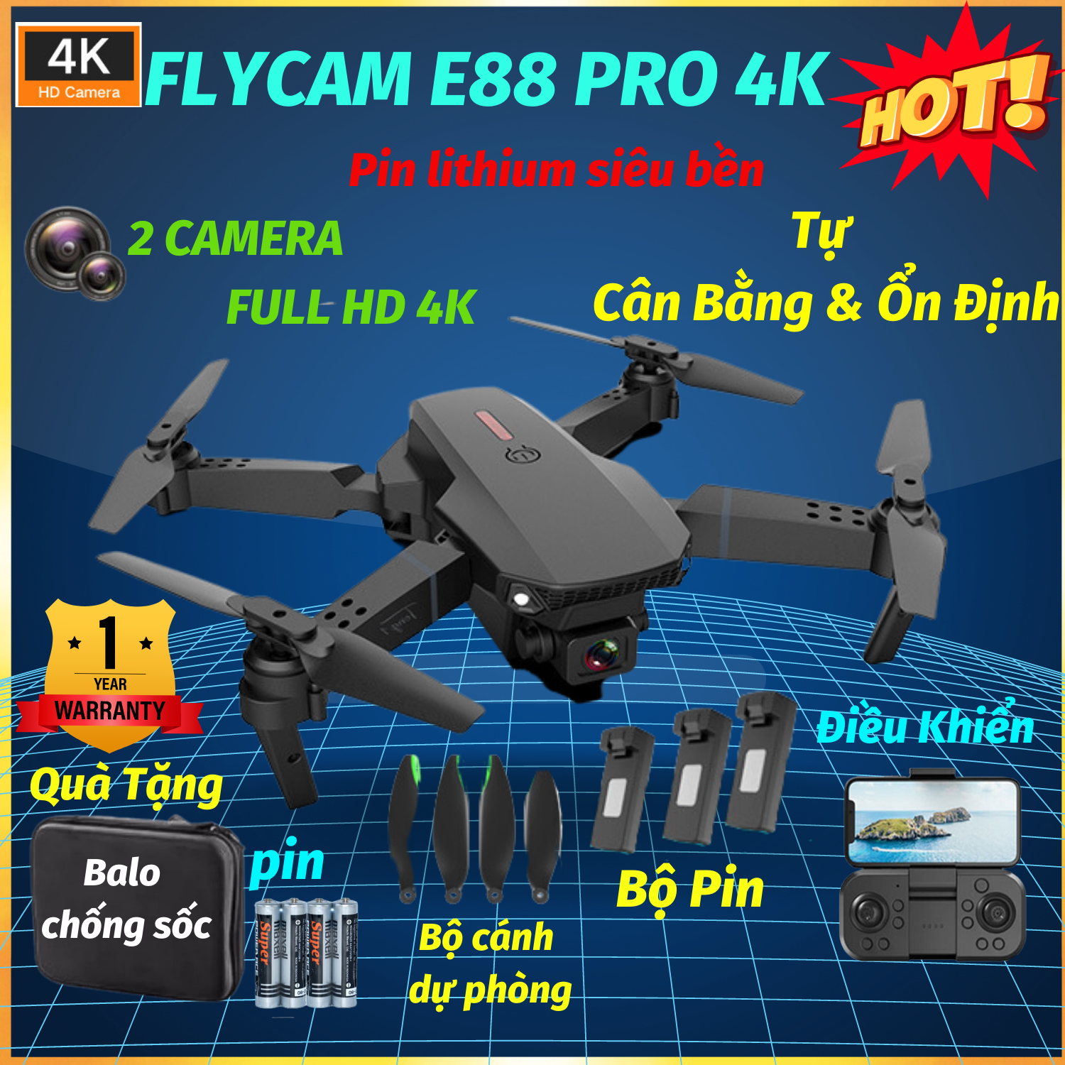 Flycam loại tốt - Máy bay điều khiển từ xa 4 cánh-Flycam E88 2Camera ...