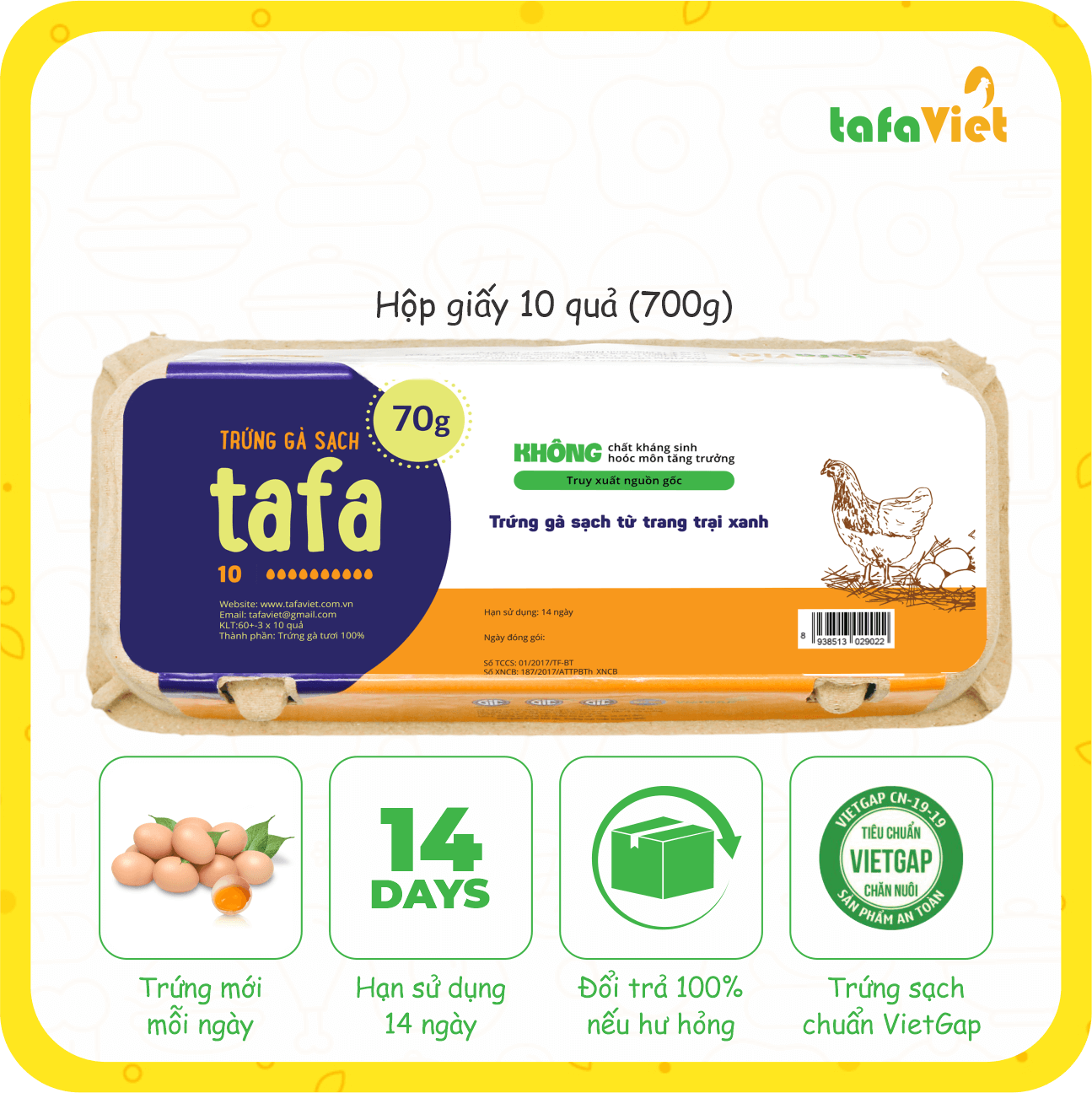 Trứng gà tươi cao cấp Tafa hộp giấy 10 quả (700g), 100% date mới, Trứng ...