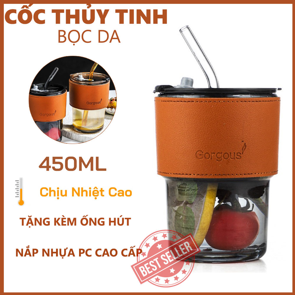CỐc 450ml CỐc ThỦy Tinh CÓ NẮp Ly ĐỰng NƯỚc BỌc Da KÈm Ống HÚt 450ml Sang TrỌng Ly UỐng NƯỚc