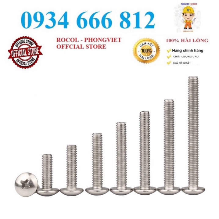 Combo 50c vít pake đầu dù thân bulong INOX 304 M4, M4X16, M4X20, M4X25 ...