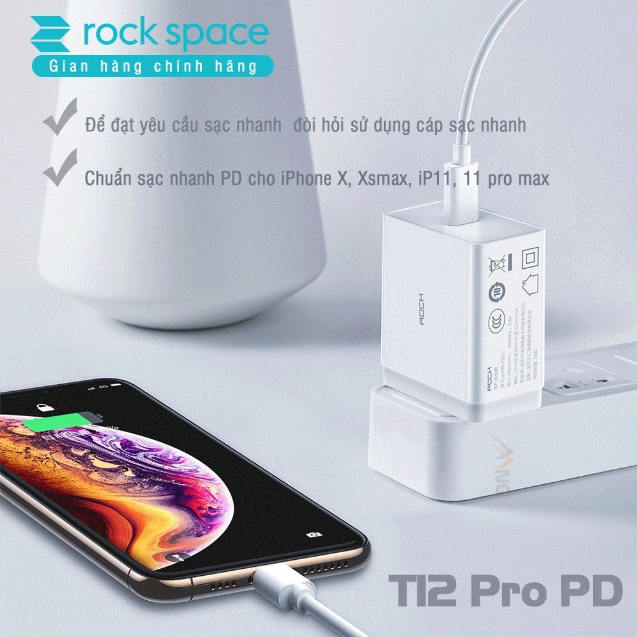Củ sạc nhanh dành cho các dòng máy iphone Xiaomi Oppo Samsung. 20W Rockspace T12pro chuẩn PD ...