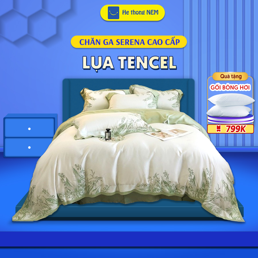 Bộ ga nệm cao cấp 5 món lụa tencel mềm mịn mát SERENA chính hãng bộ chăn ra ga drap grap nệm đệm ...