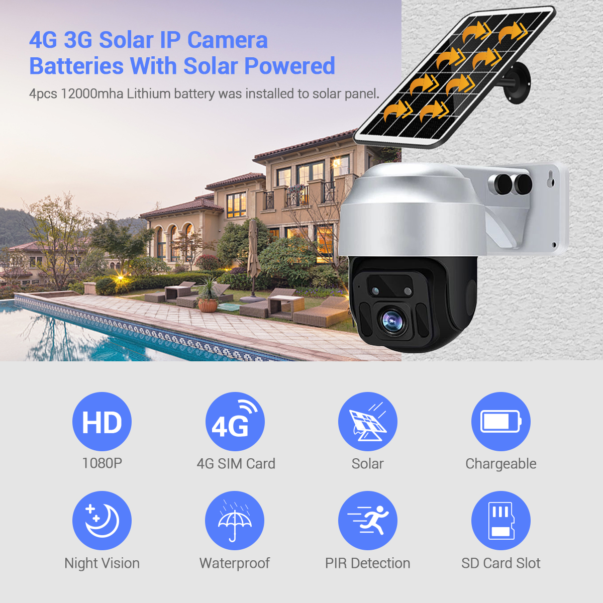 Hamrol 4G SIM Card 1080P Outdoor Solar Panel Battery PTZ Camera PIR ...