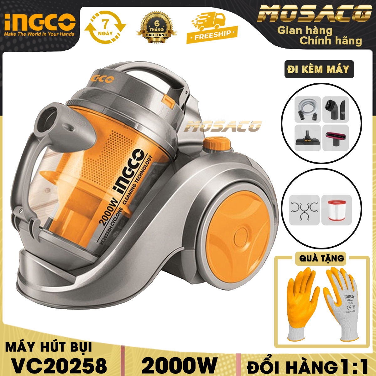 Máy hút bụi INGCO VC20258 2000W kèm theo gồm 1 ống mềm dài 1.5m, 1 ống ...