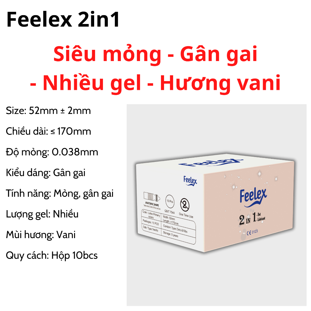Bao cao su gân gai Feelex 2 in 1 nhiều gel bôi trơn, mỏng ôm khít - Hộp ...