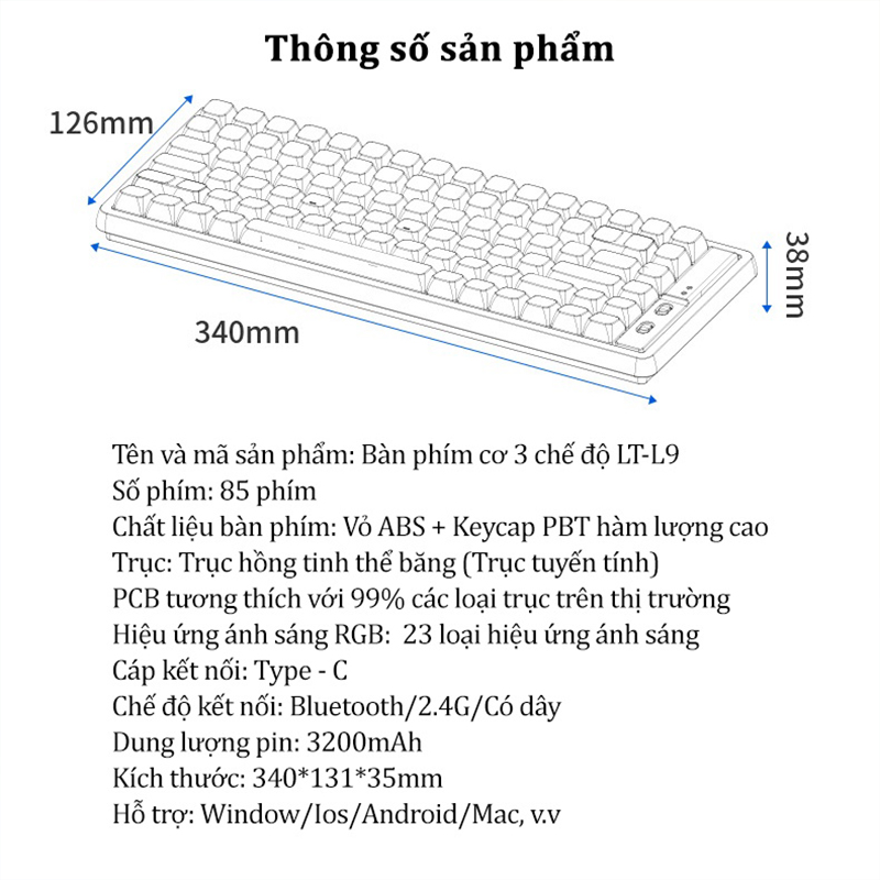Bàn Phím Cơ Hotswap LANGTU LT-L9 Layout 85 Phím Không Dây Led RGB ...