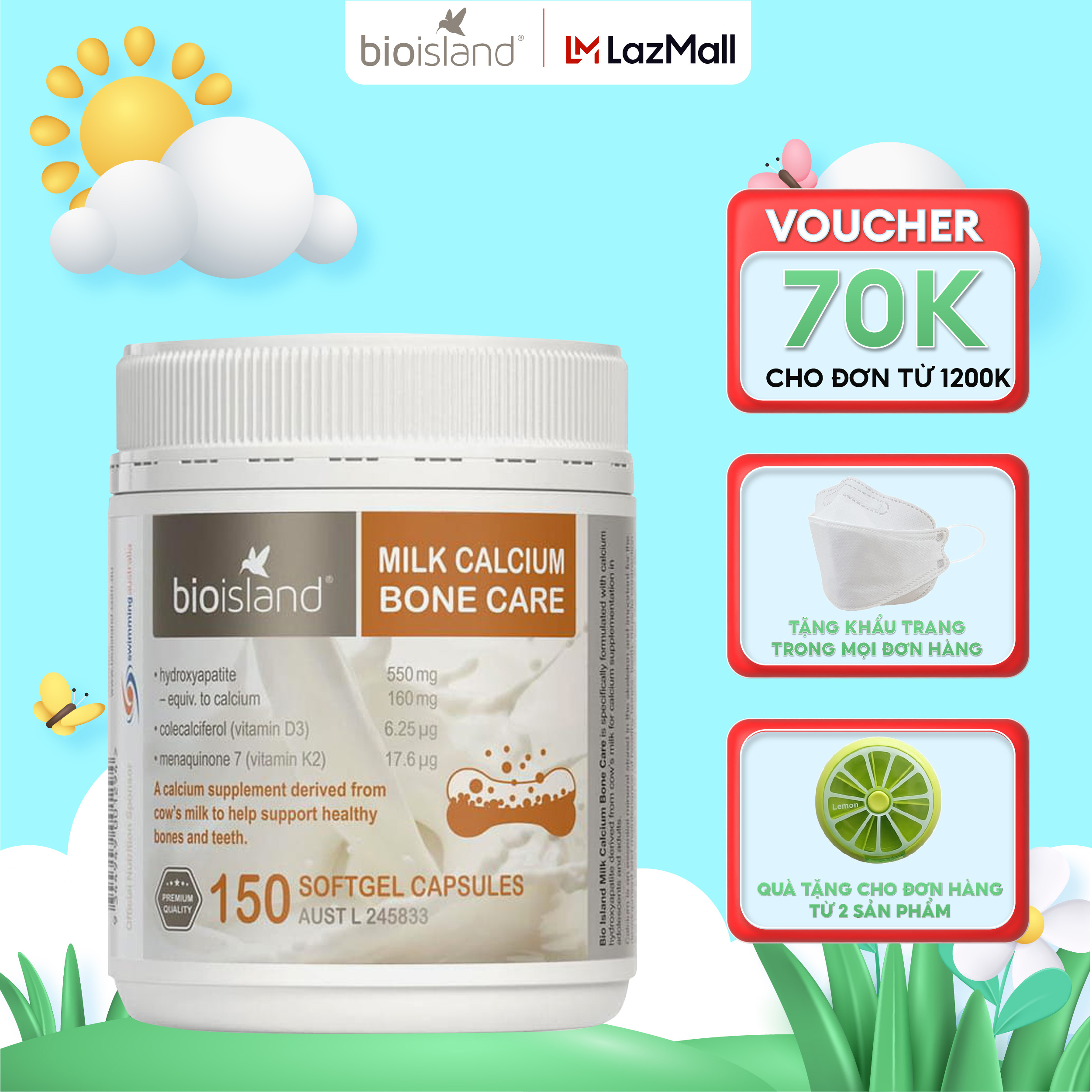 Viên bổ sung canxi sữa Bioisland Milk Calcium Bone Care 150 viên hỗ trợ sự phát triển hệ xương ...