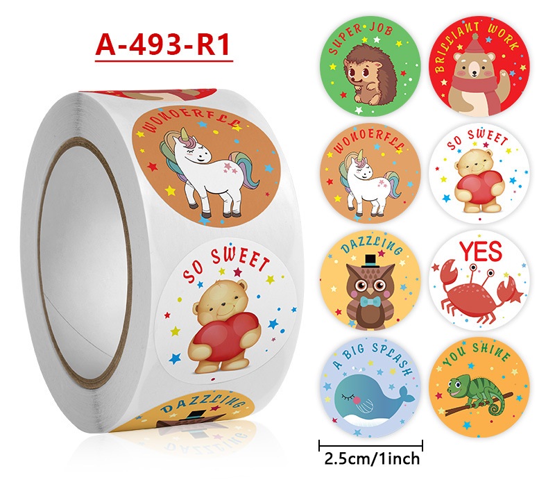 Cuộn 500 tem Sticker Khen thưởng Hình thú dễ thương cho bé - 2.5cm ...