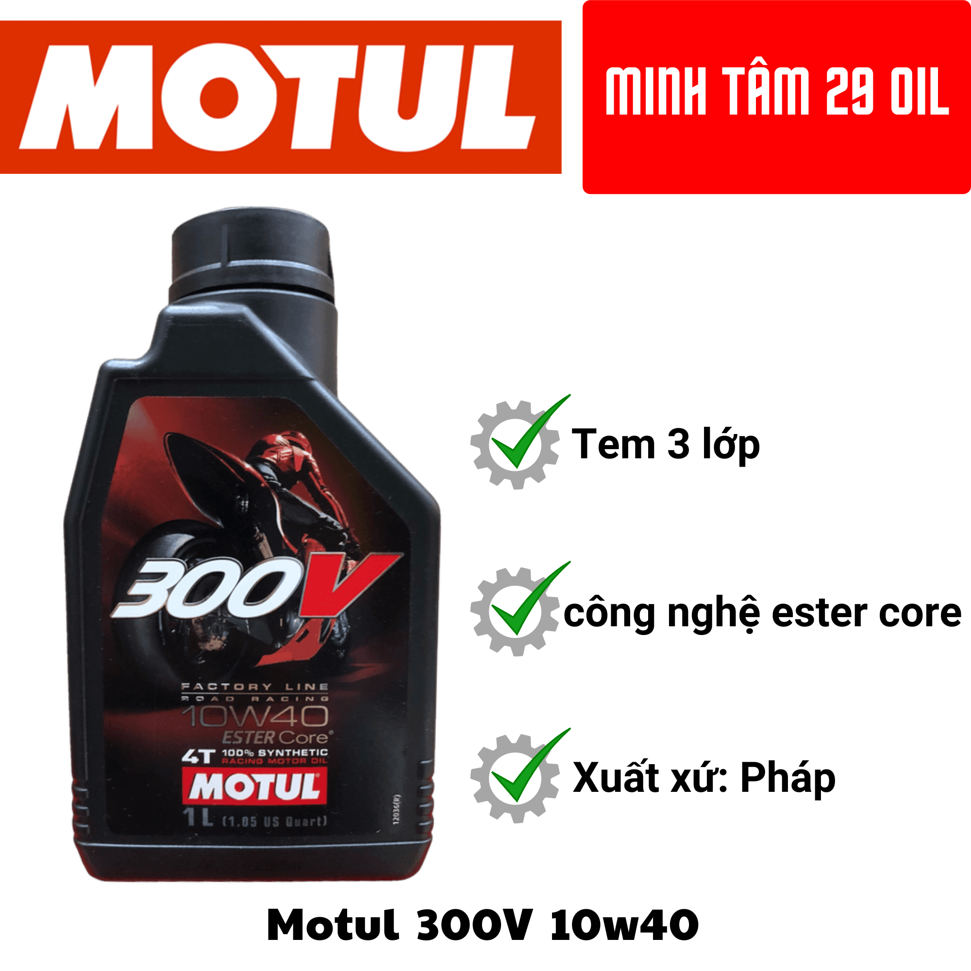 Nhớt Motul 300V 10w40 tem 3 lớp dành cho xe số dung tích 1L dành cho thị trường Châu Âu - MixASale