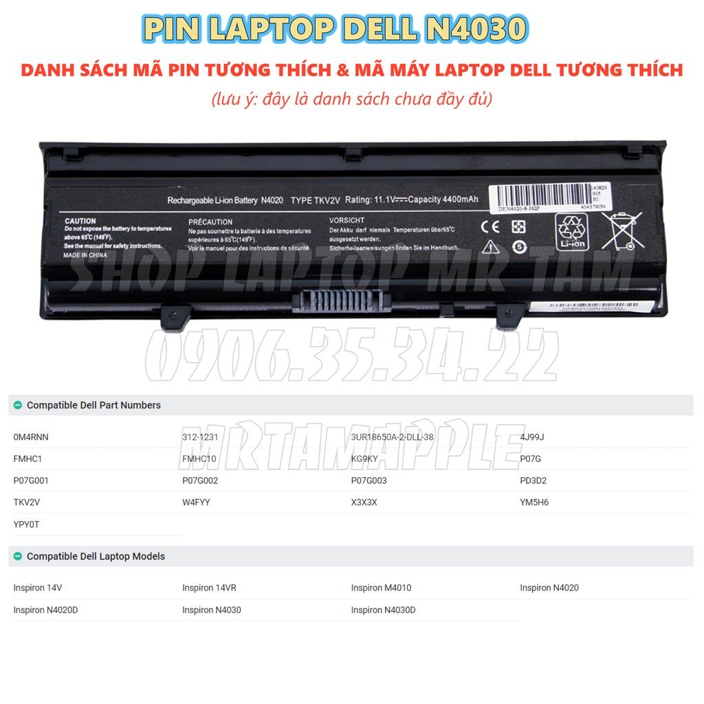 PIN LAPTOP DELL N4030 (TKV2V) - 6 CELL dành cho Inspiron 14V N4020 ...