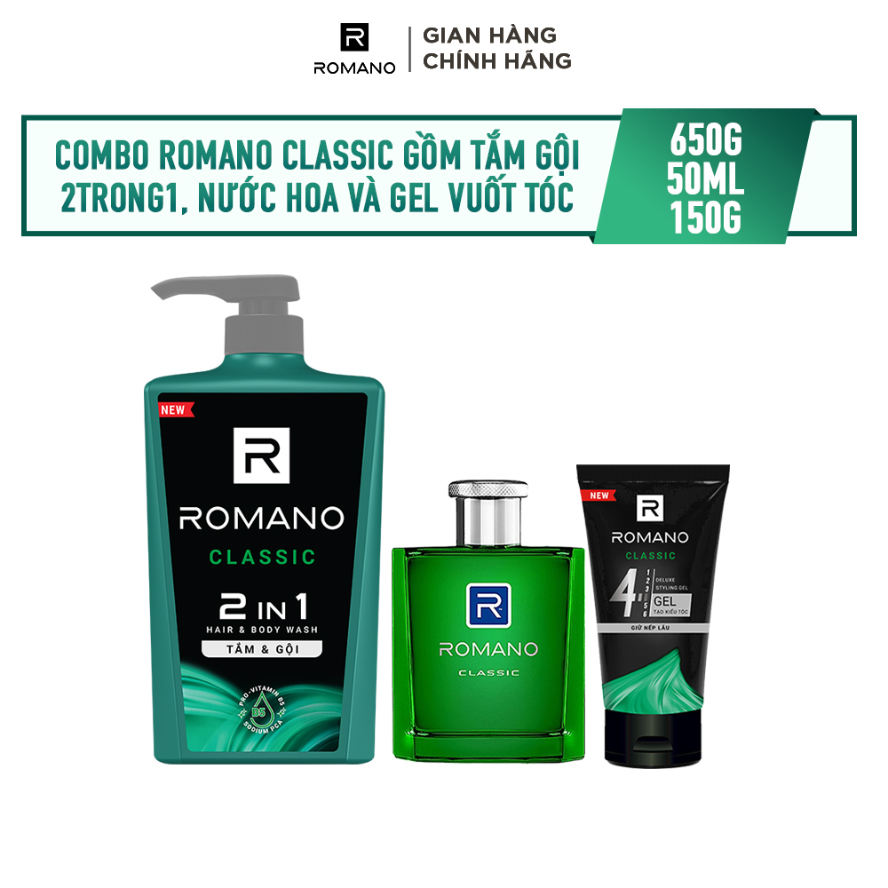 Combo Romano Classic gồm Tắm Gội 2trong1 650g Nước Hoa 50ml và Gel Vuốt ...