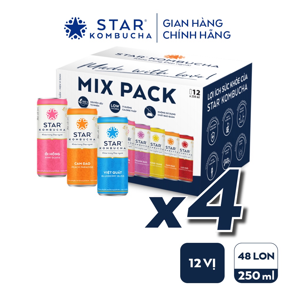 Thùng 12 lon trà STAR KOMBUCHA All-in-one (250ml/lon) - Trà lên men vi ...